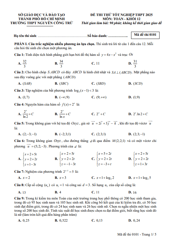 Đáp Án Đề Thi Thử Tốt Nghiệp Thpt 2025 Môn Toán Cụm Trường Thpt Tp Nam ...